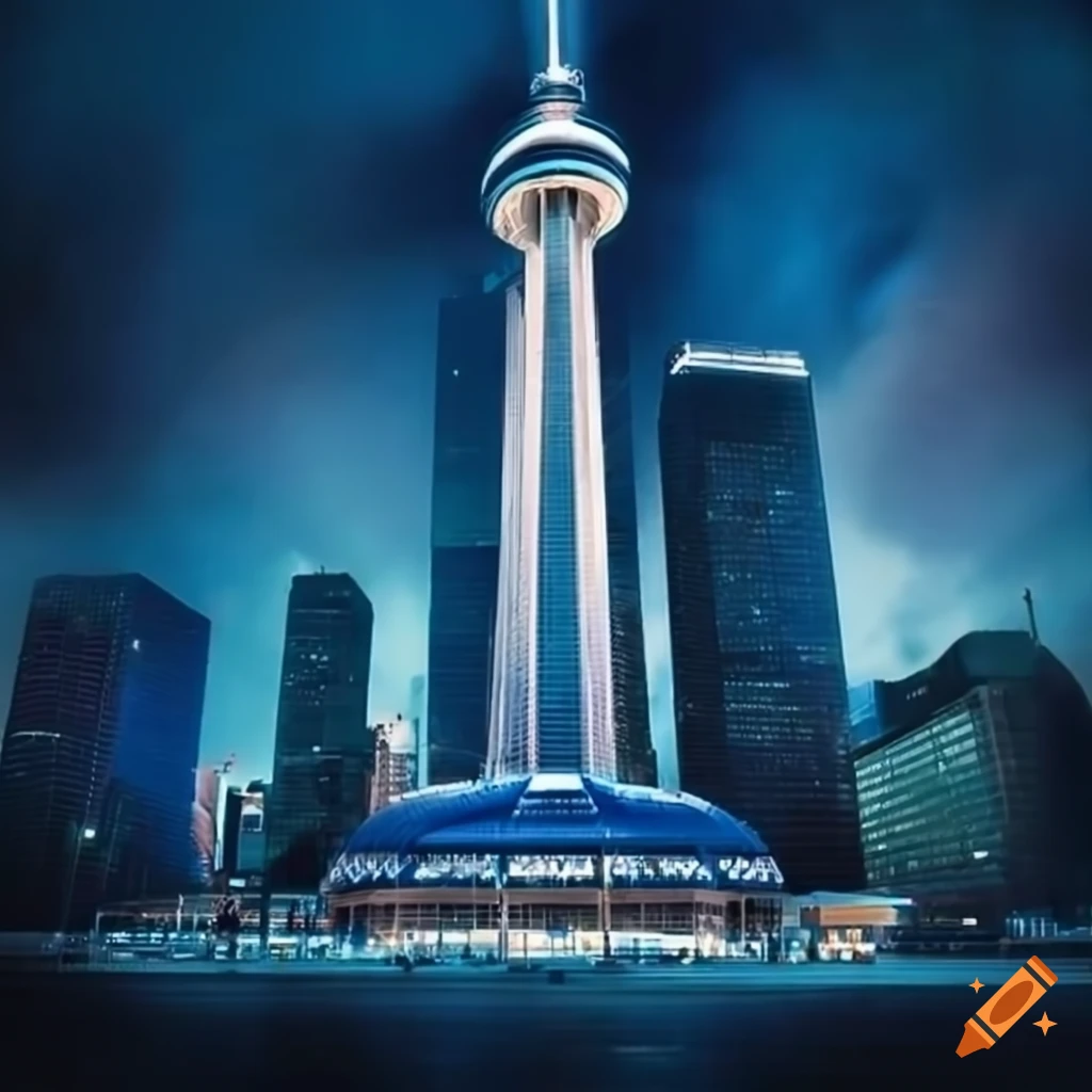 Toronto Maple Leafs arena with CN Tower and skyscrapers on Craiyon