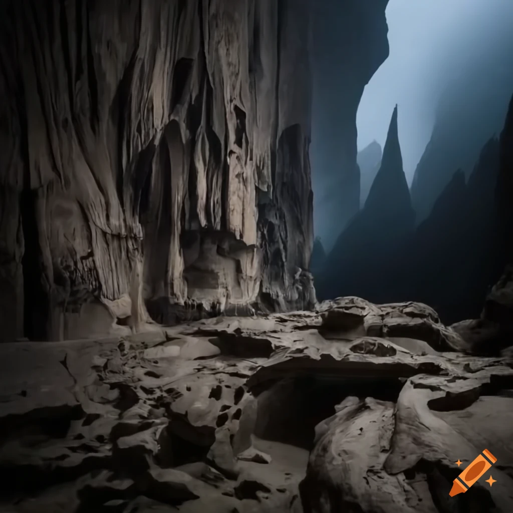 Foreboding cave in the mountains with bat statues and a giant bat on ...