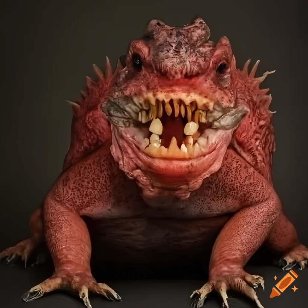 Red-scaled demon with menacing teeth and horns in various poses on Craiyon