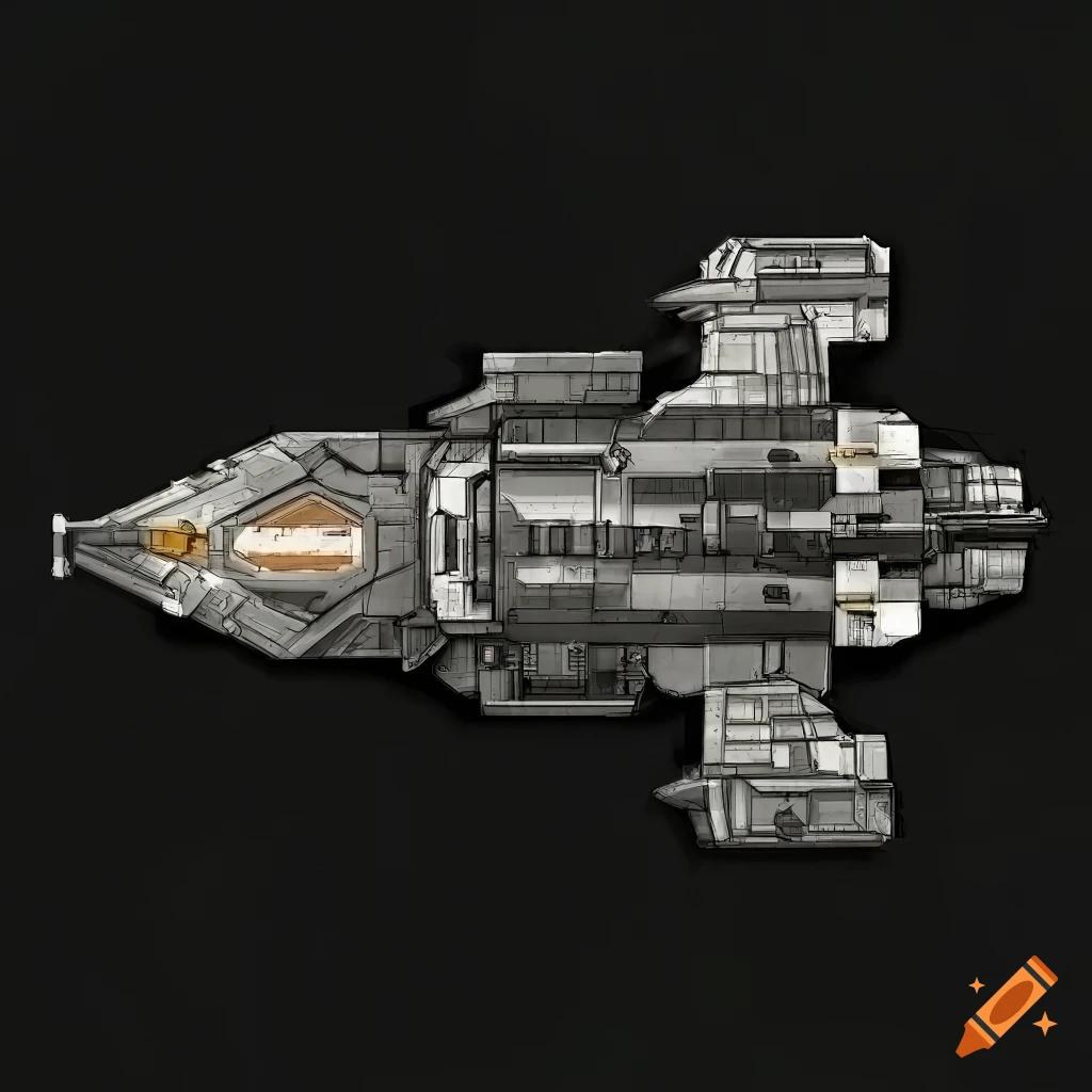 Top-down view space ship in a sci-fi, pixel art style on Craiyon