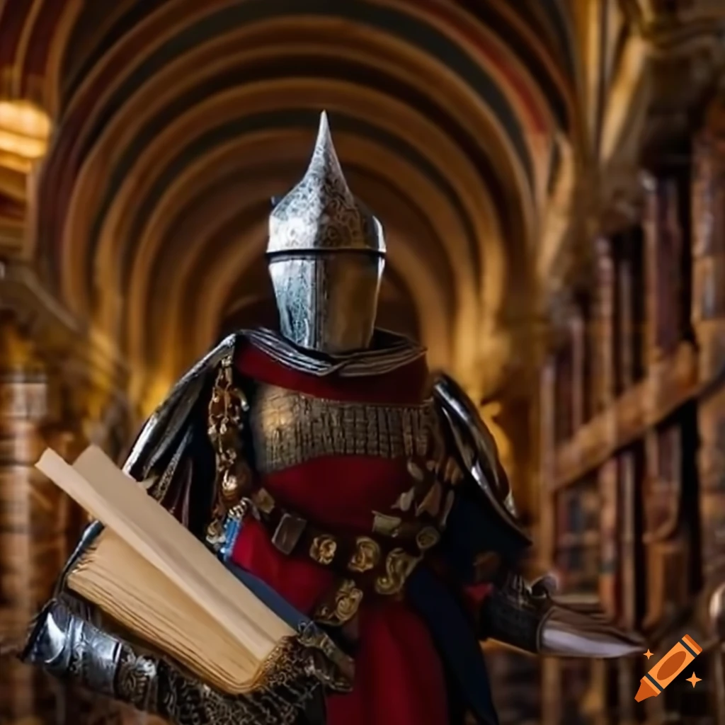 Brave knight guarding ancient books and scrolls in a grand library on ...