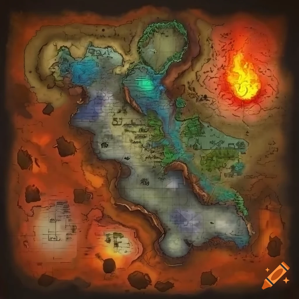 Fantasy rpg game map with cities, mountains, volcano, and lava cavern ...