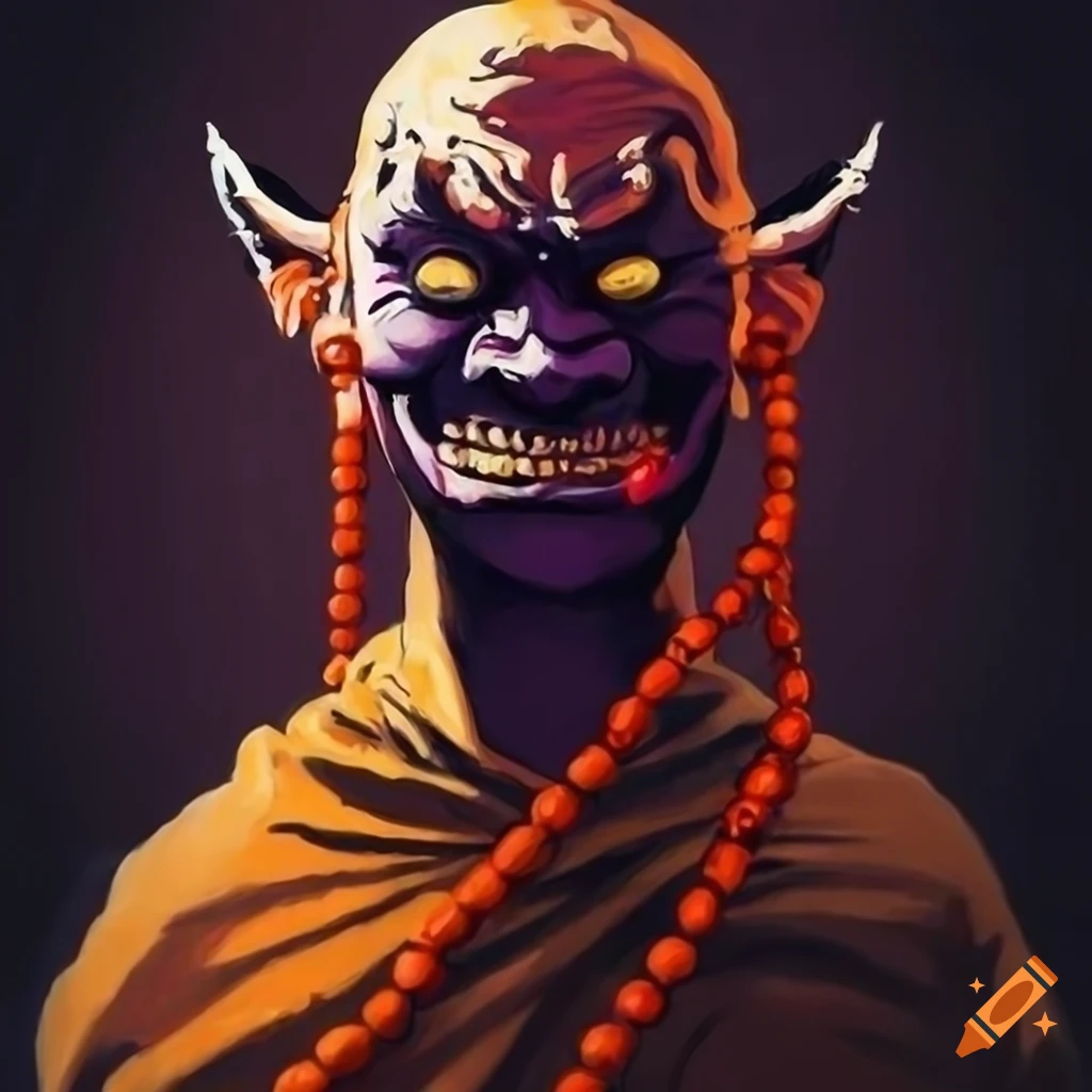 Oni in monk robes with prayer beads in Banksy style on Craiyon