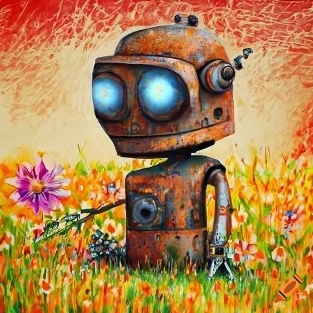 Rusting robot in a flower field in a crude crayon drawing on Craiyon