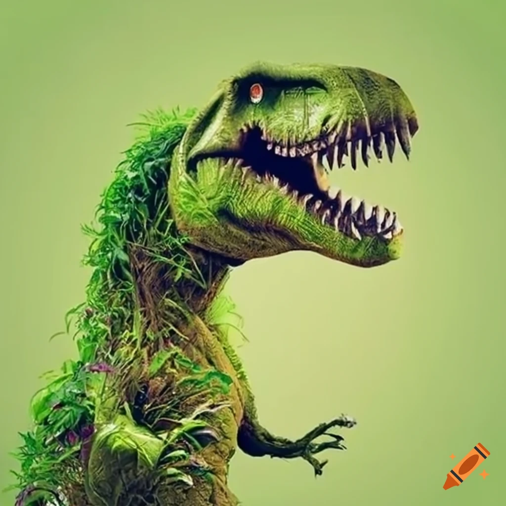 T-rex sculpture made of plants, trees, and vines on Craiyon
