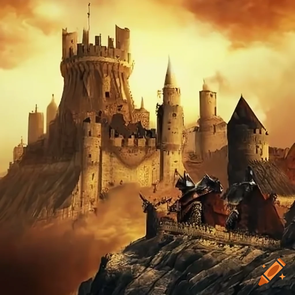 Knights sieging a large castle on top of a hill in an epic battle on ...