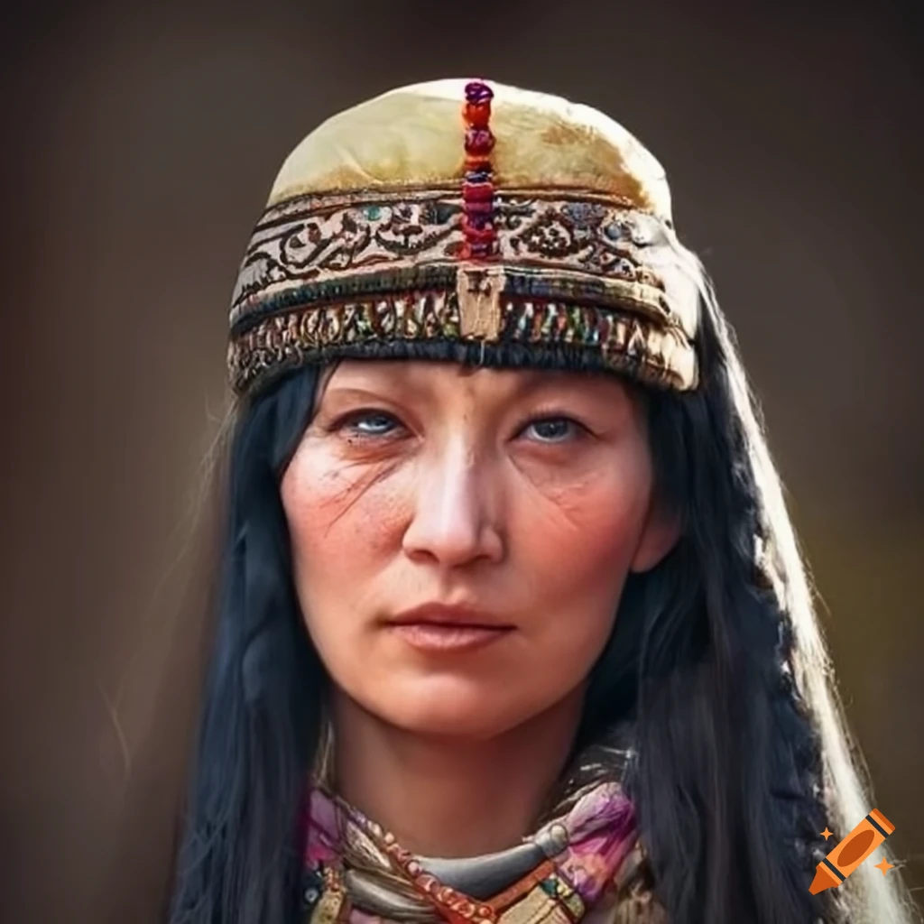 Portrait of an ancient nomadic bulgarian woman with long black hair and black eyes in ...