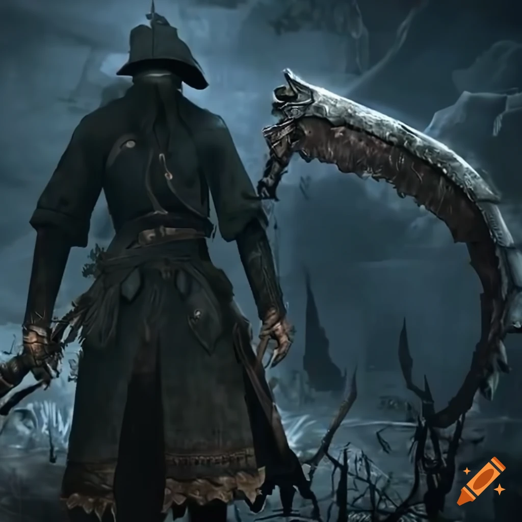 Bloodborne game scene with a hunter wielding a unique curved blade ...