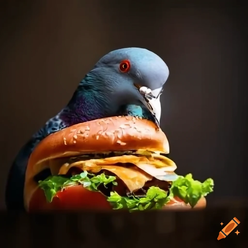 Pigeon enjoying a burger on Craiyon