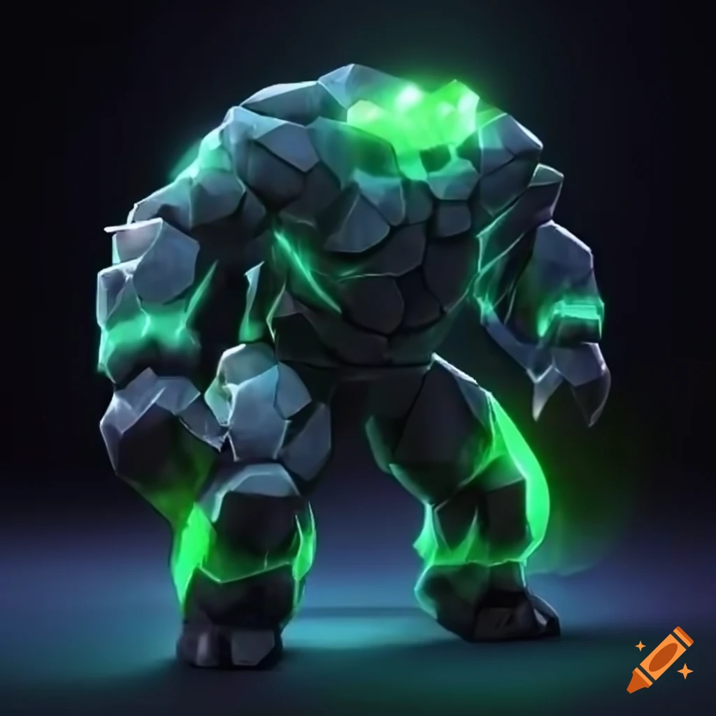 Bulky stone golem with glowing gem core on Craiyon