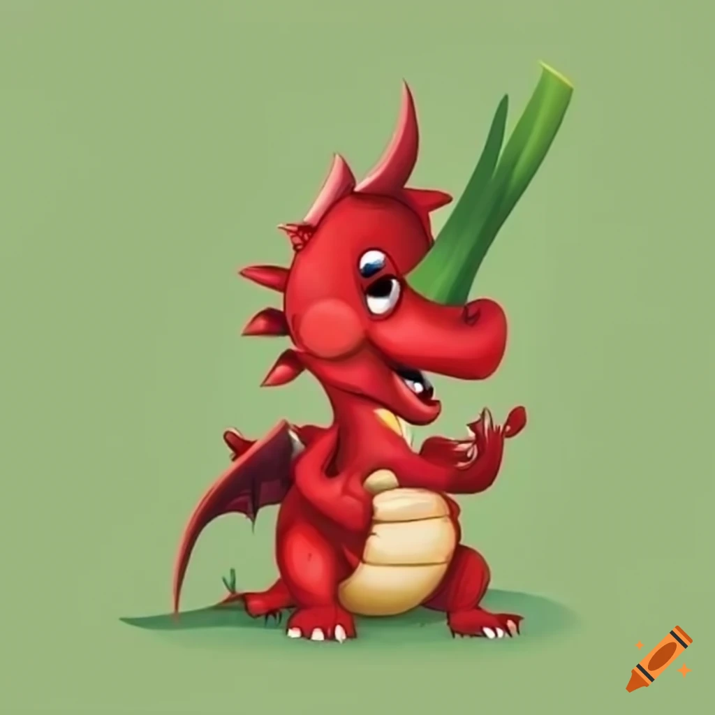 Cartoon baby red dragon holding a leek on Craiyon