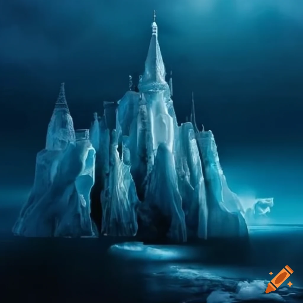 Creepy castle surrounded by an ice city in a frozen land on Craiyon