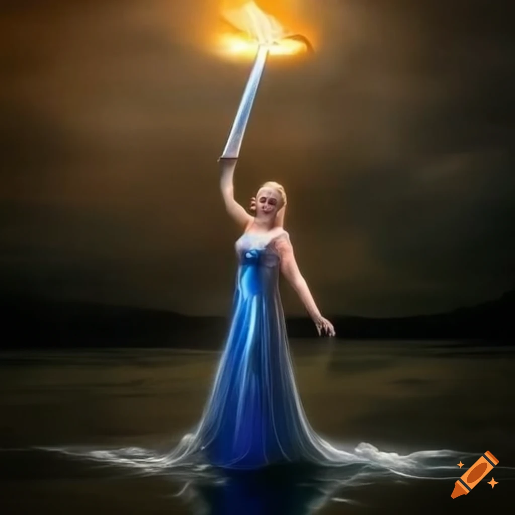 Lady of the lake emerging from water with a flaming sword on Craiyon