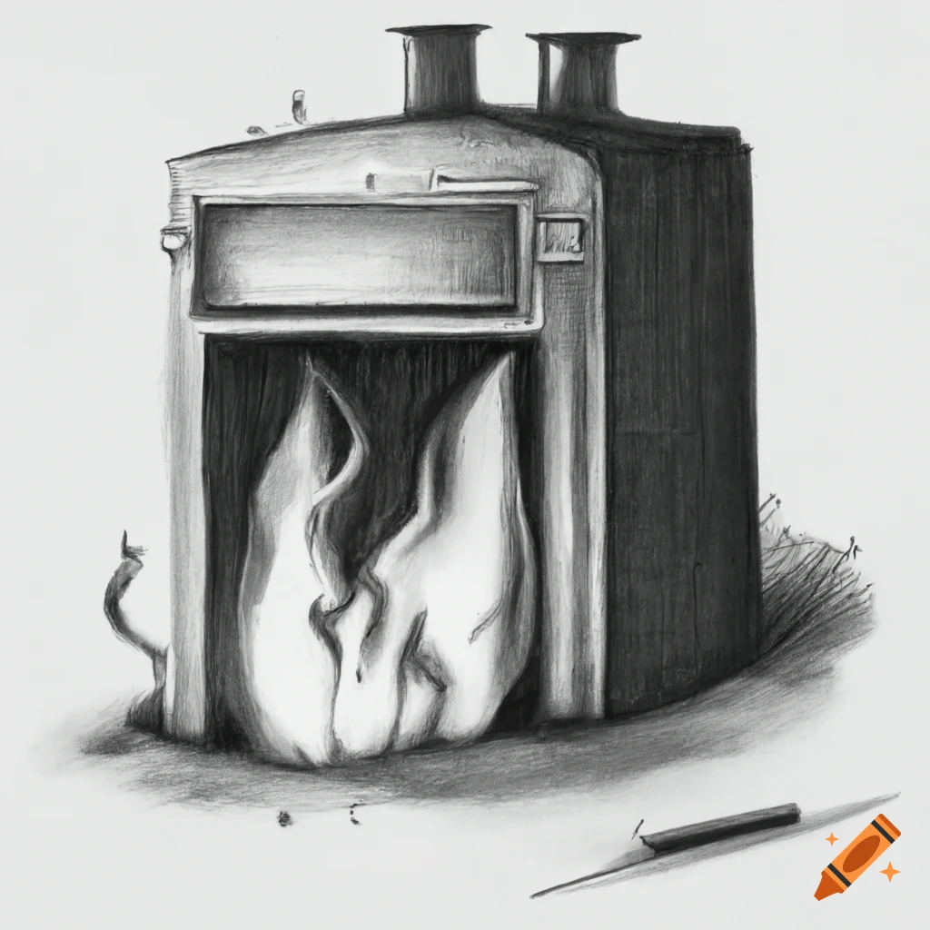 Pencil drawing of a furnace in black and white on Craiyon