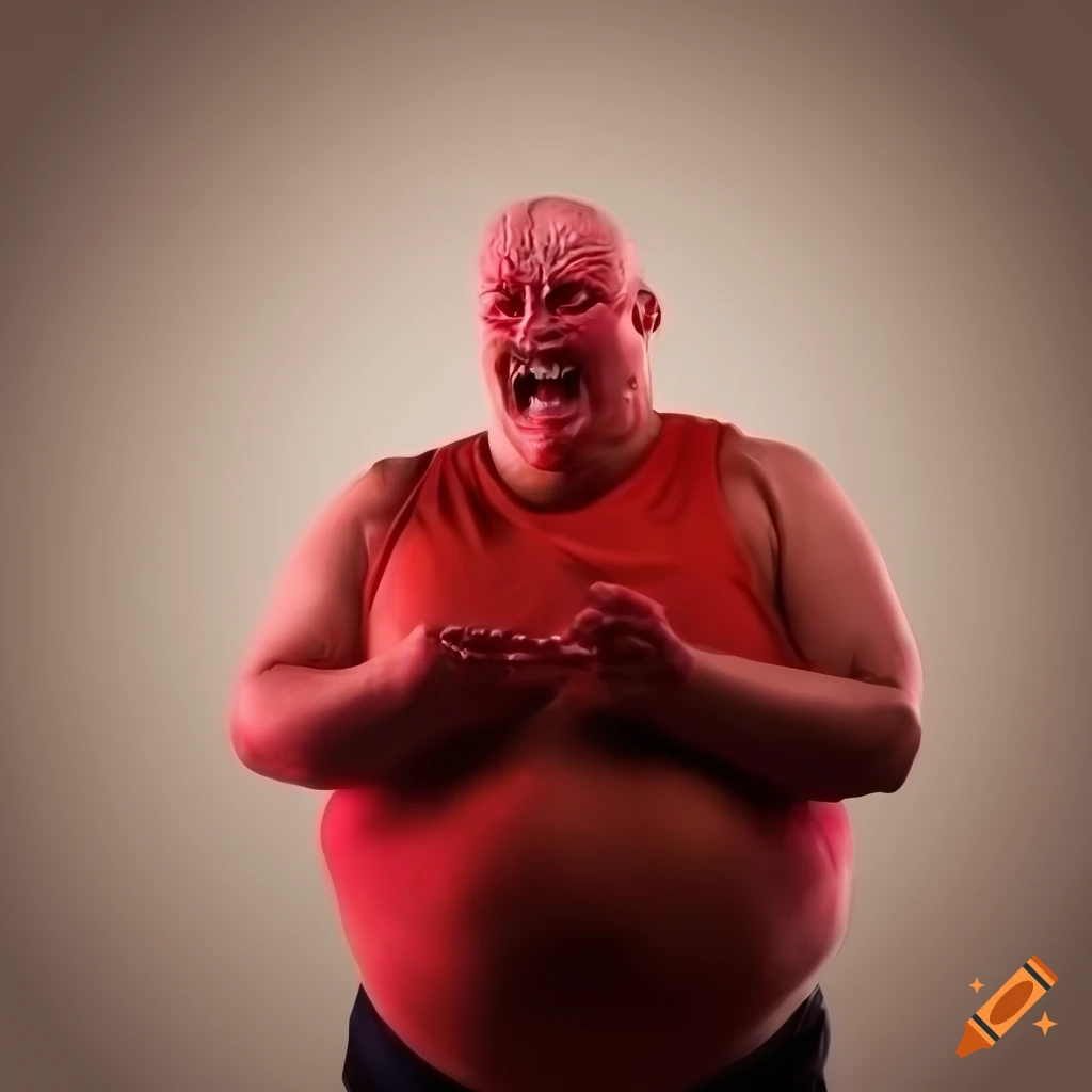 Bald headed red-skinned man with horror teeth and face behind a solid ...