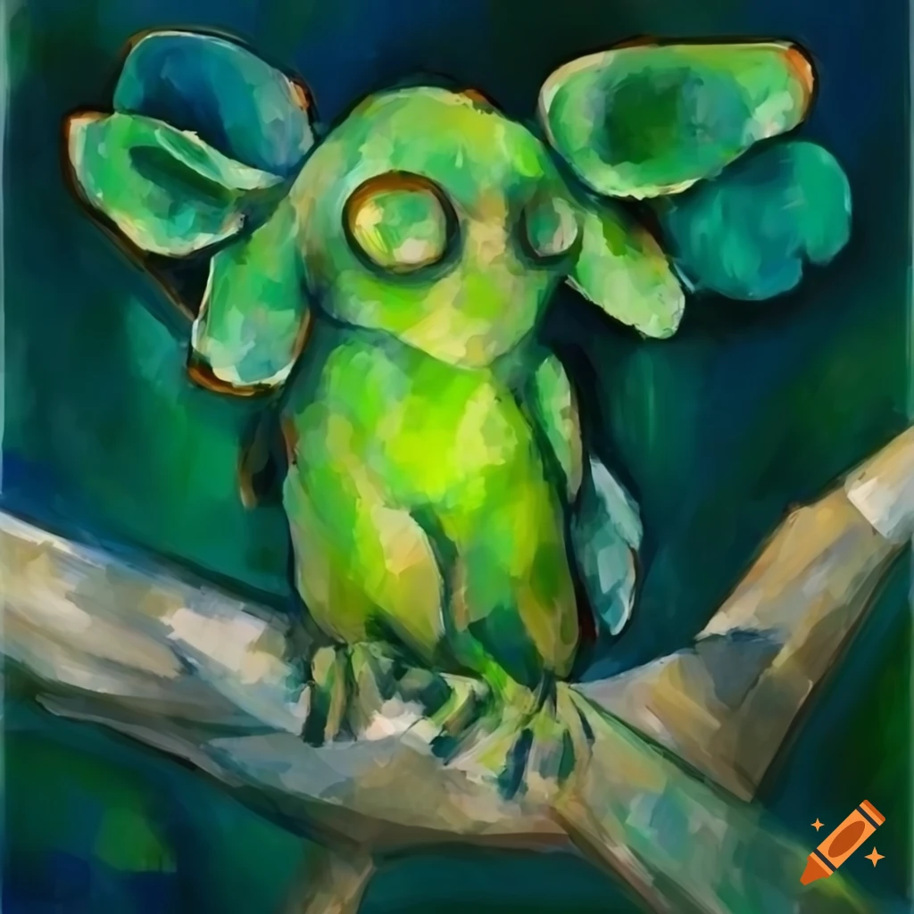 Cezanne-style painting of a small green creature with leafy ears on a ...