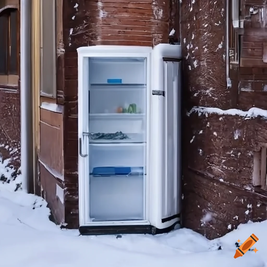 Fridge standing with door open on street in winter on Craiyon
