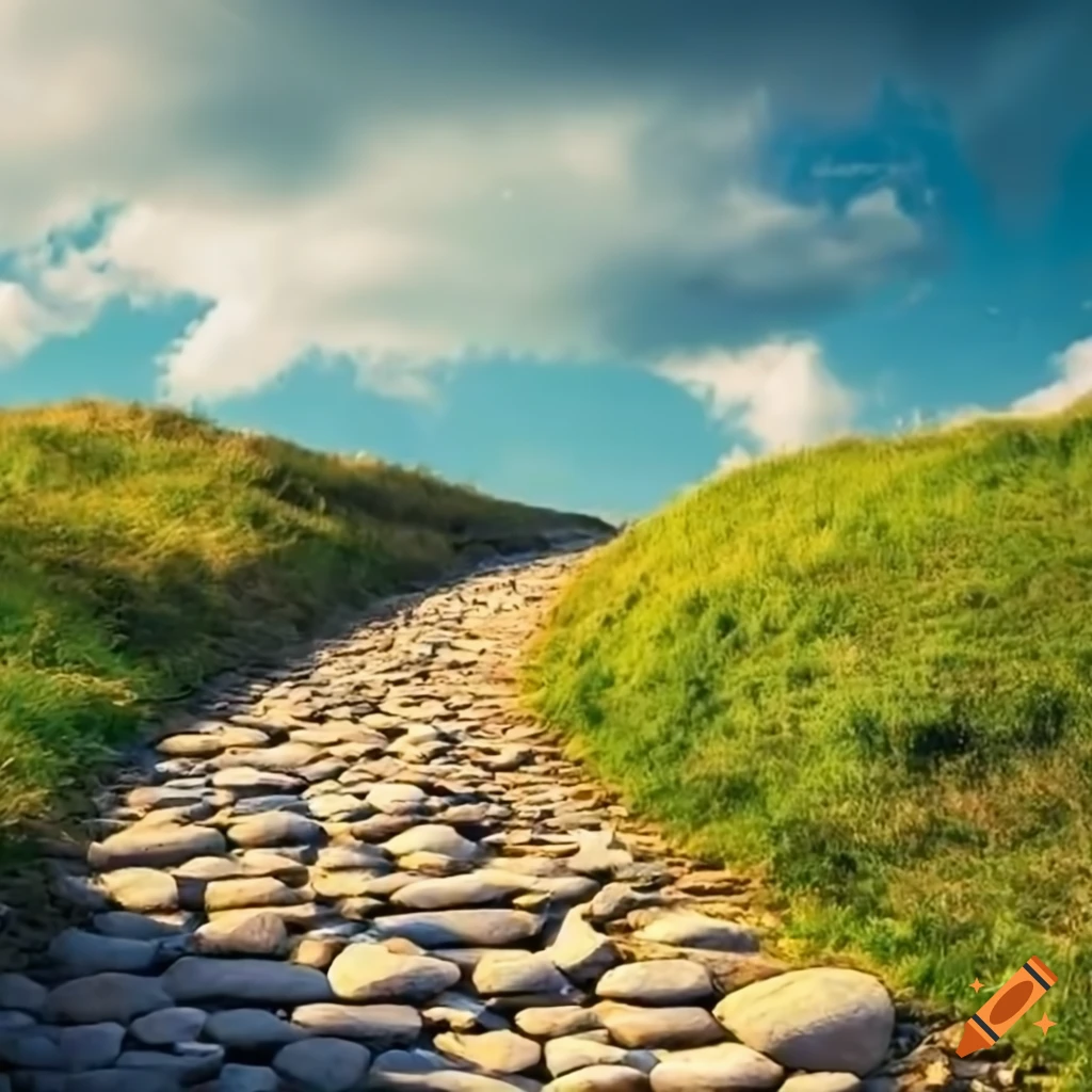 Stone path leading up a small hill under a blue sky with white clouds ...