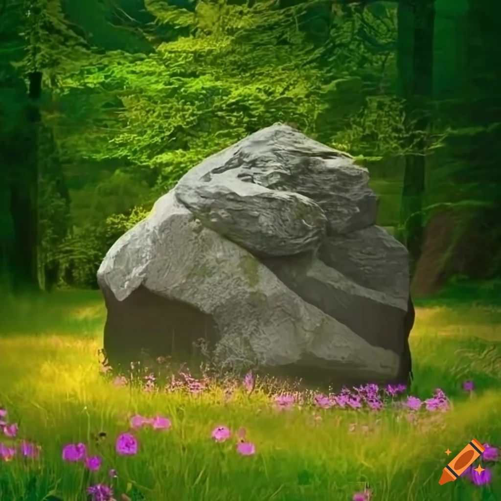 Large boulder in a flowering meadow with an enchanted magical forest in the background on Craiyon