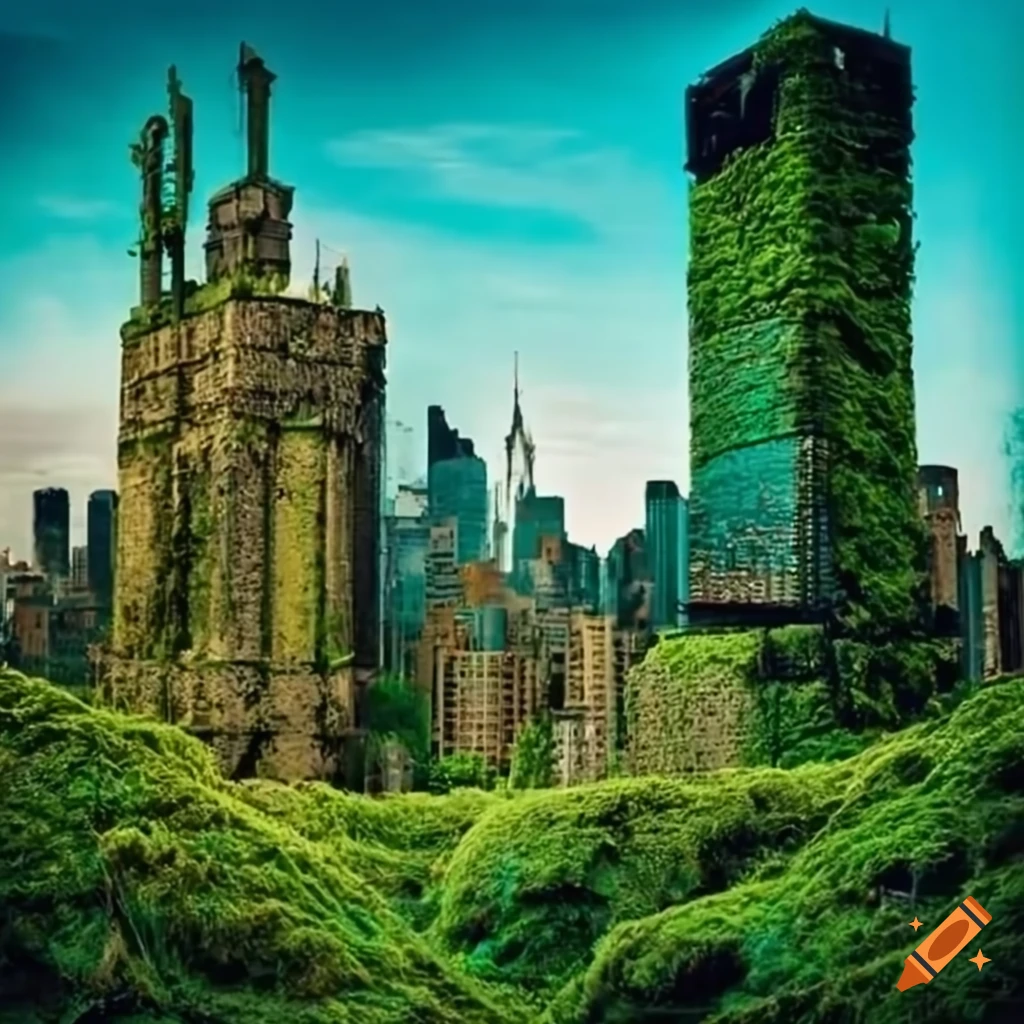 Ruins of willis sears tower covered in moss and overgrown with vegetation in post-apocalyptic ...