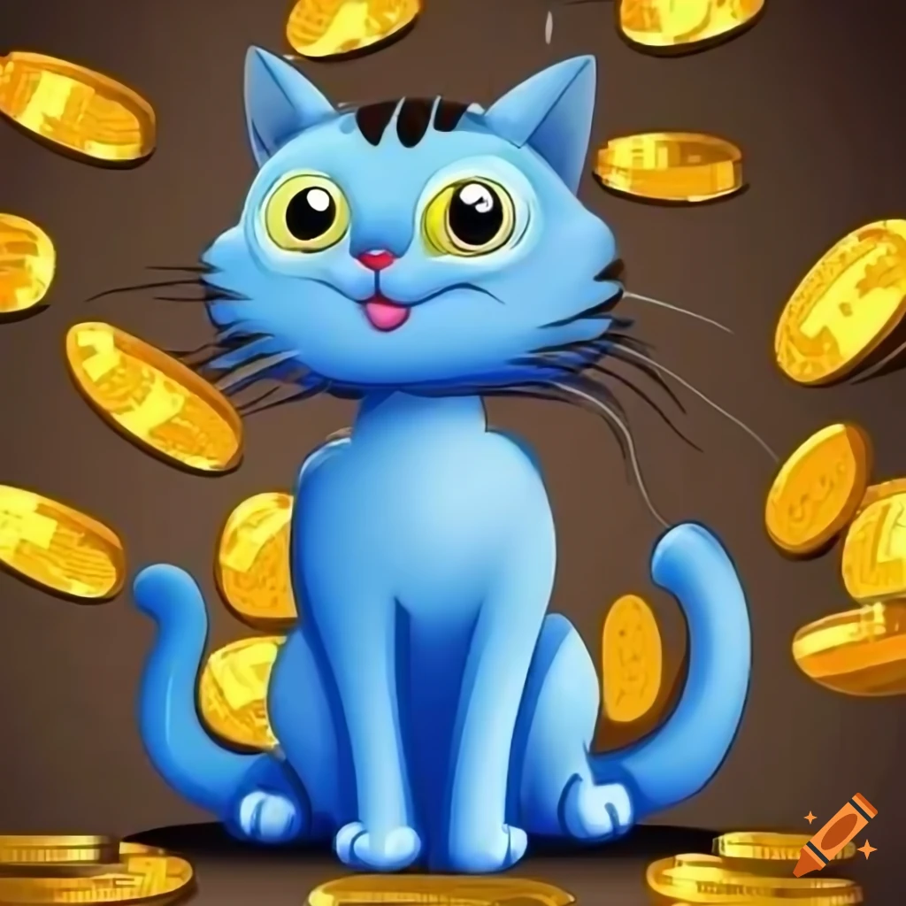 Adorable blue cartoon cat with gold coins background on Craiyon