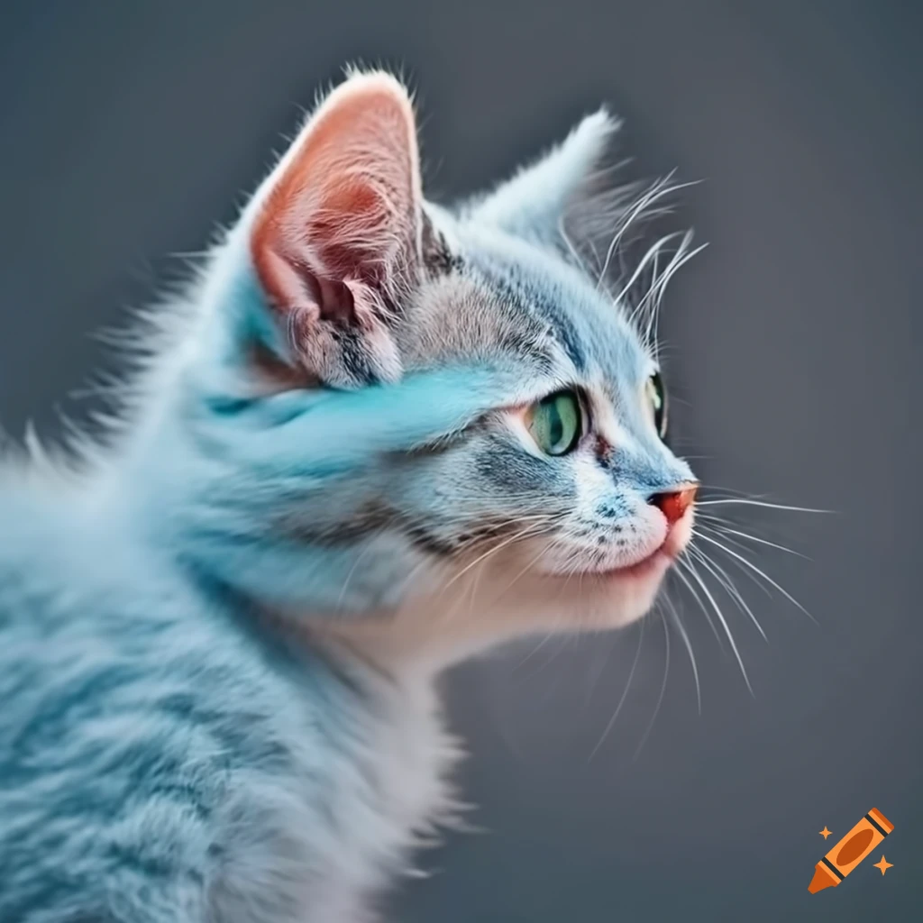 Profile of a cute baby cat with light blue fluffy fur on Craiyon