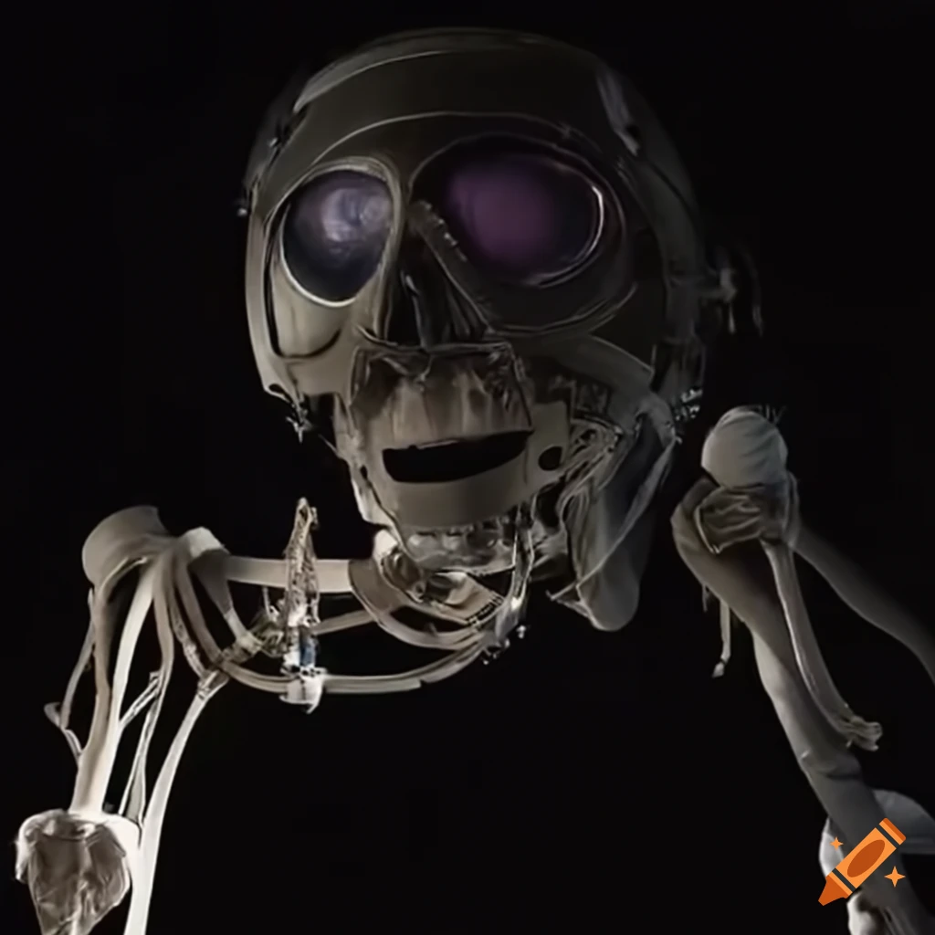Skeleton dancing in outer space wearing a space helmet on Craiyon
