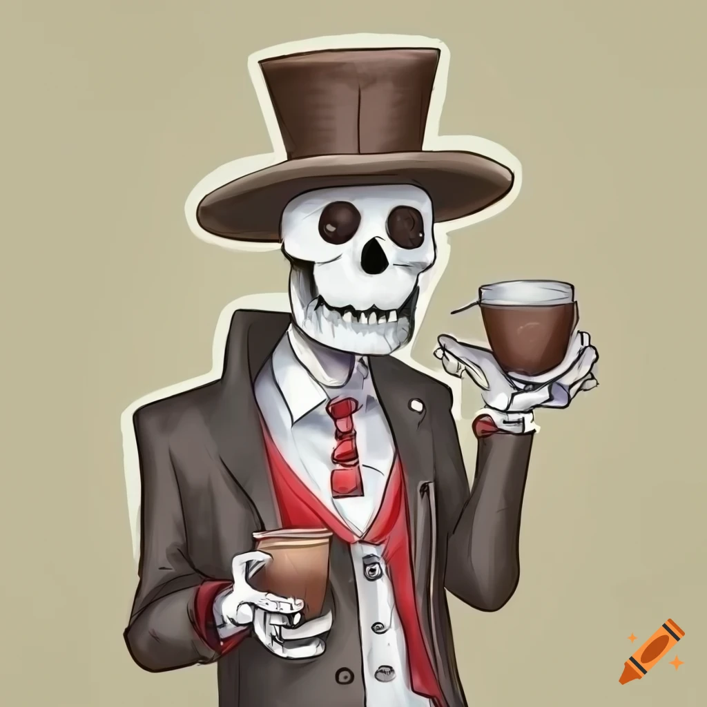 Cartoon of dapper skeleton with quote "coffee first, talk later.." on ...