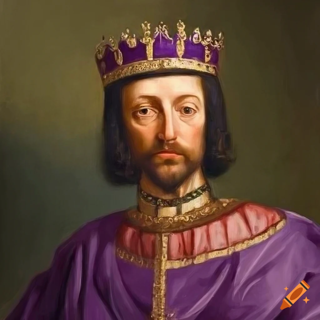 Portrait of an early medieval king in purple royal attire on Craiyon