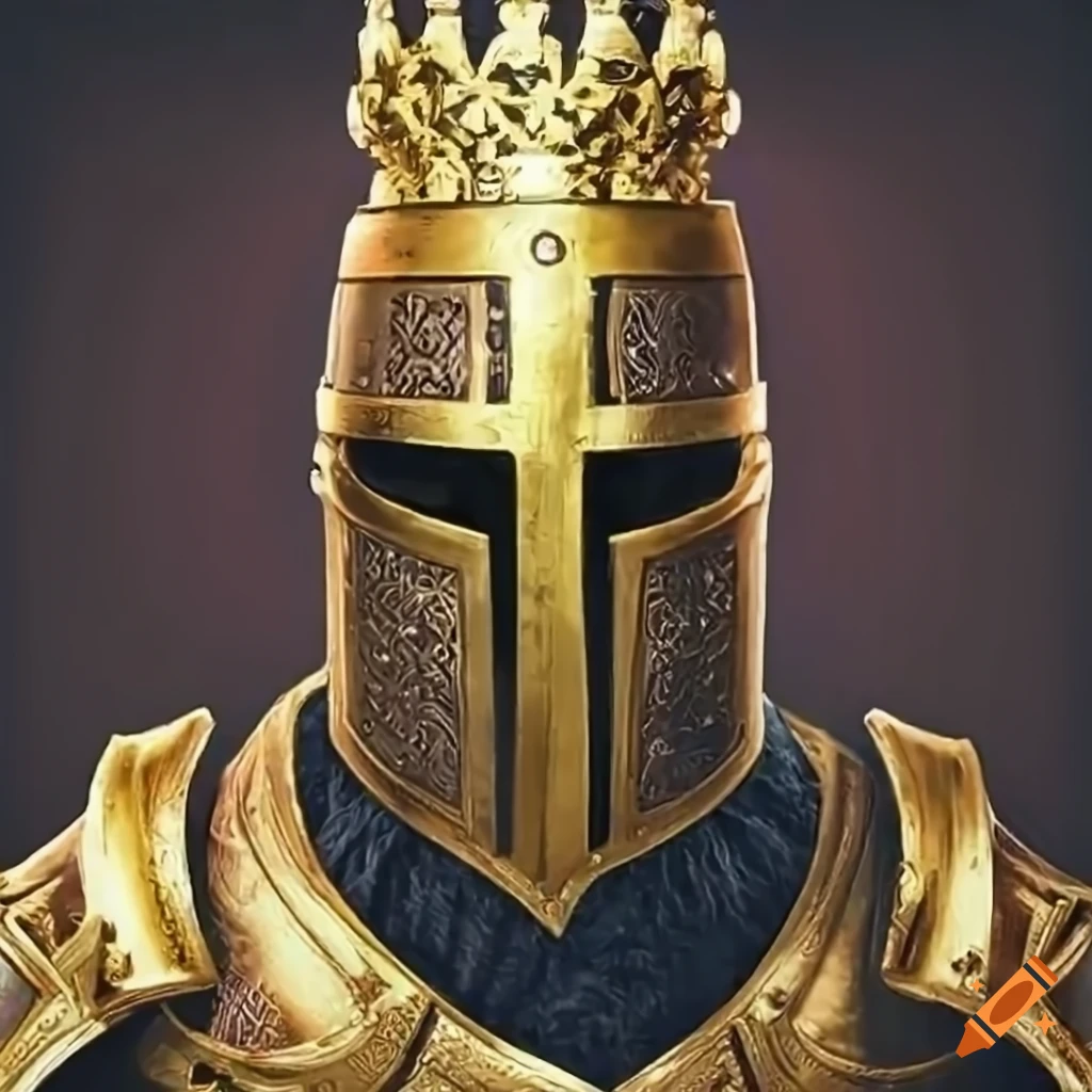 Photorealistic king Arthur in golden armor and decorated helmet on Craiyon