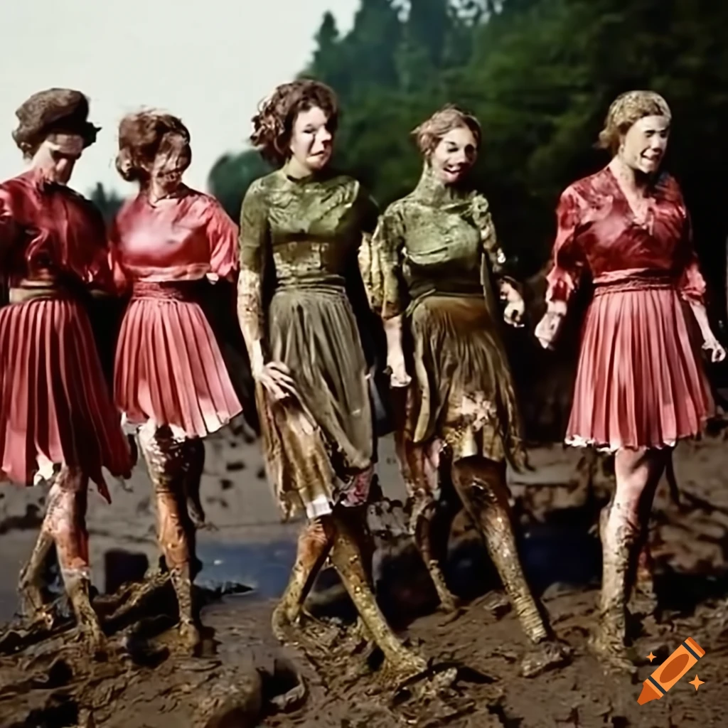 Four women in mud-splattered 1950s style outfits falling into the mud ...