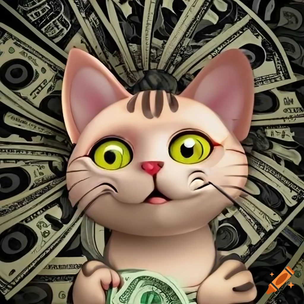 Cartoon cat with a fan of dollar bills on Craiyon