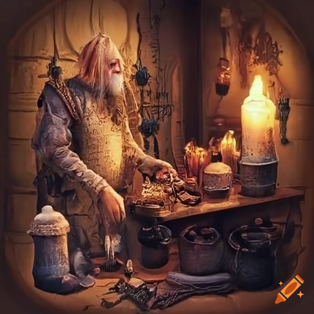 Wizard selling wands and potions in a medieval magic shop on Craiyon