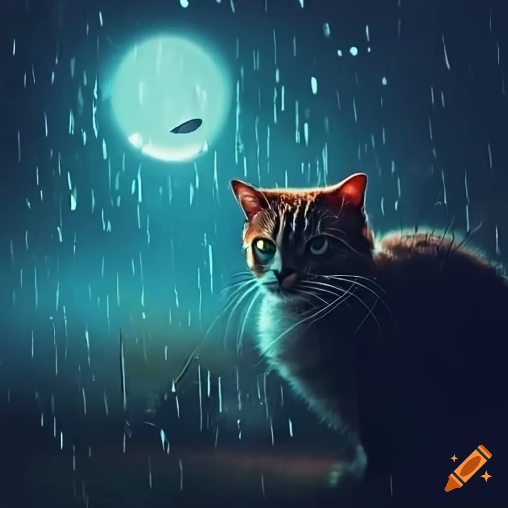 Cat in the rain at night with nostalgic vibes on Craiyon
