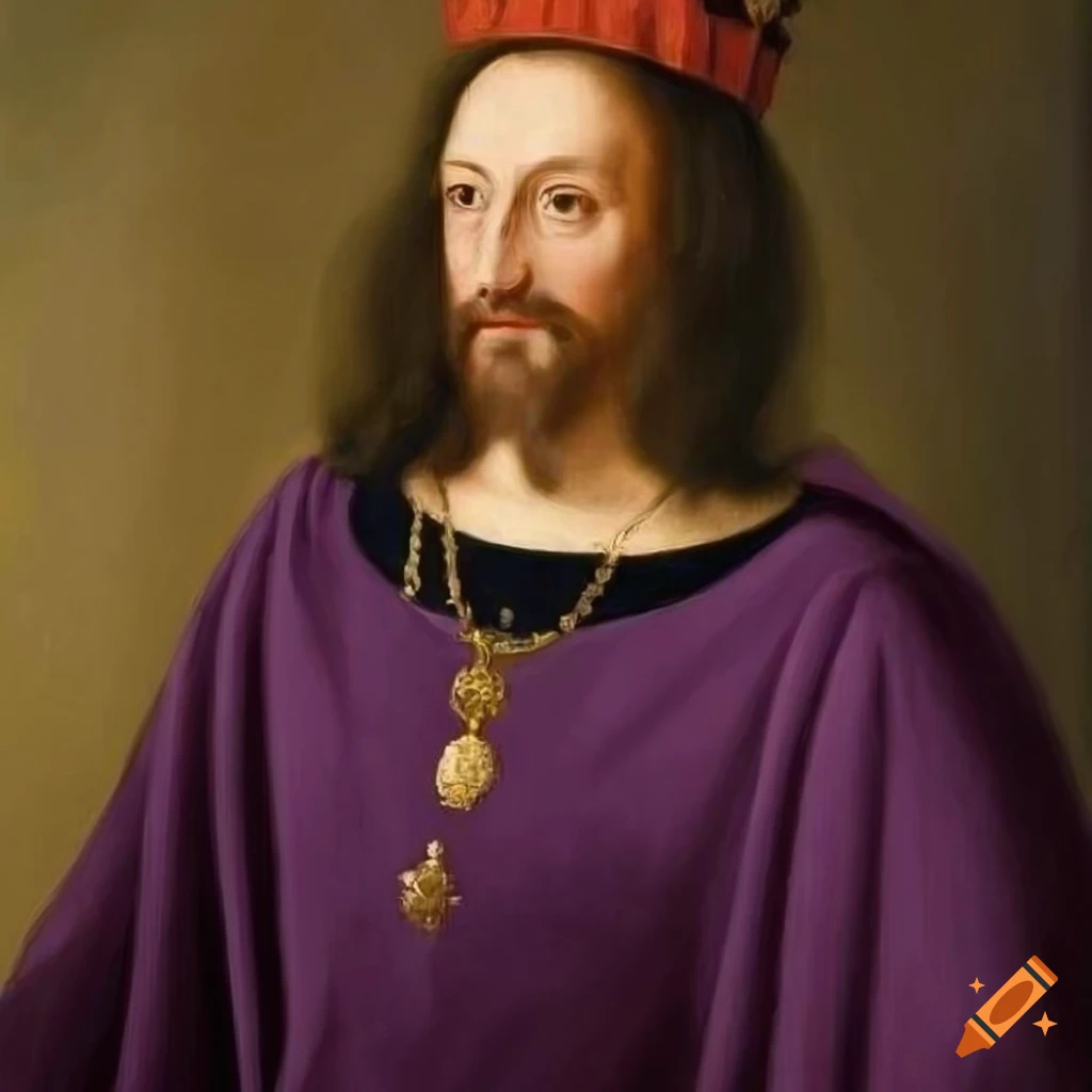 Portrait of an early medieval king in royal purple attire on Craiyon