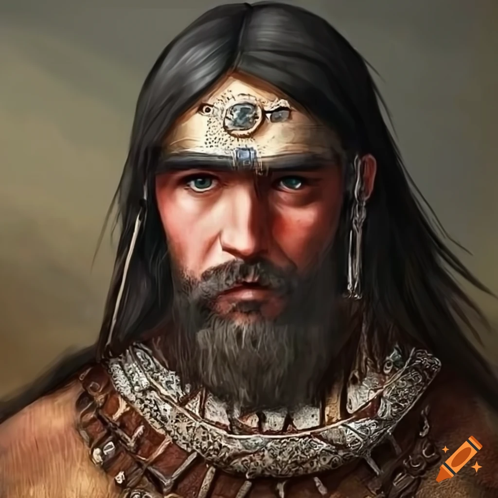 Portrait of an ancient nomadic steppe warrior with long black hair and ...