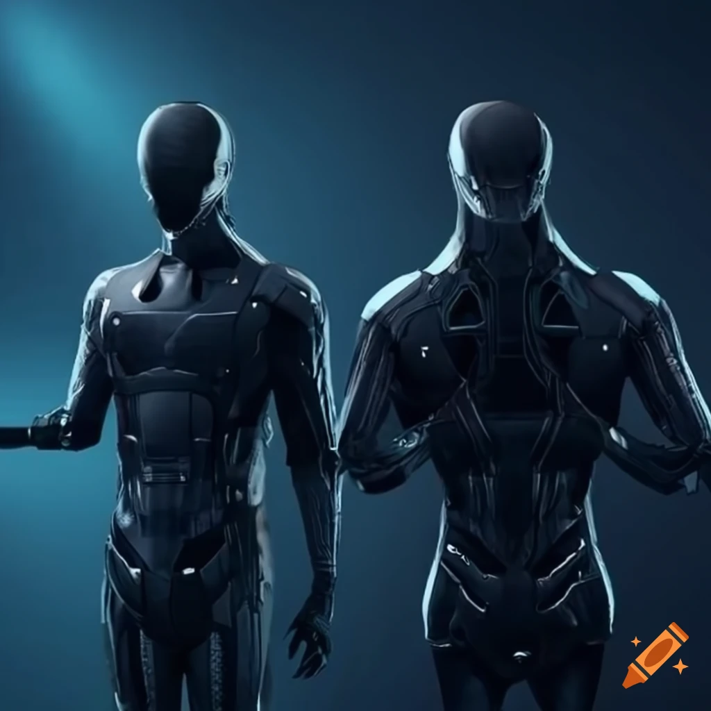 Futuristic mechanical beings in high-tech suits standing in a dimly lit ...