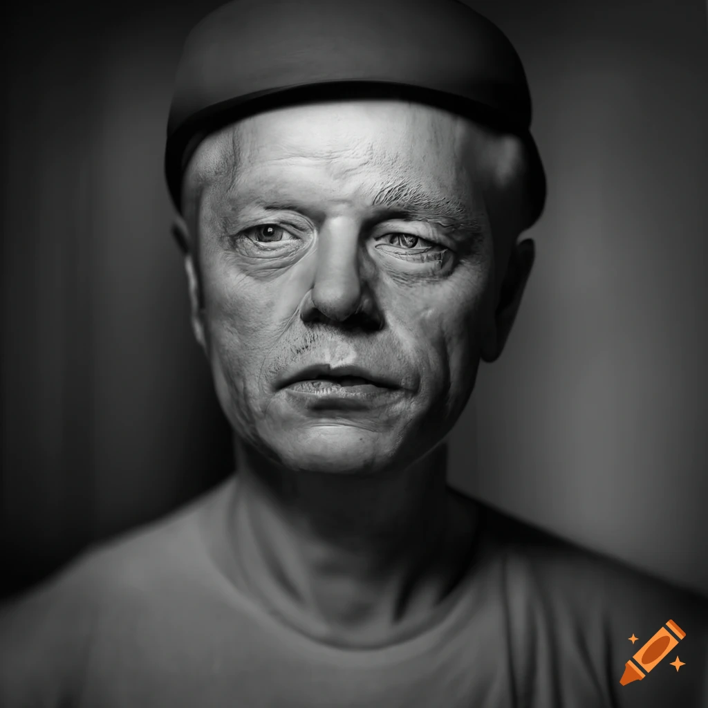 Monochrome portrait of man with bowler hat in photorealistic style on ...