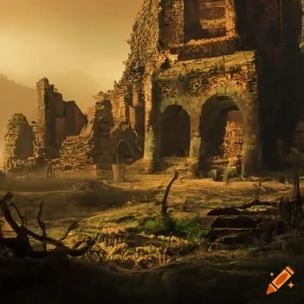 Wasteland with dying vegetation and ancient ruins on Craiyon