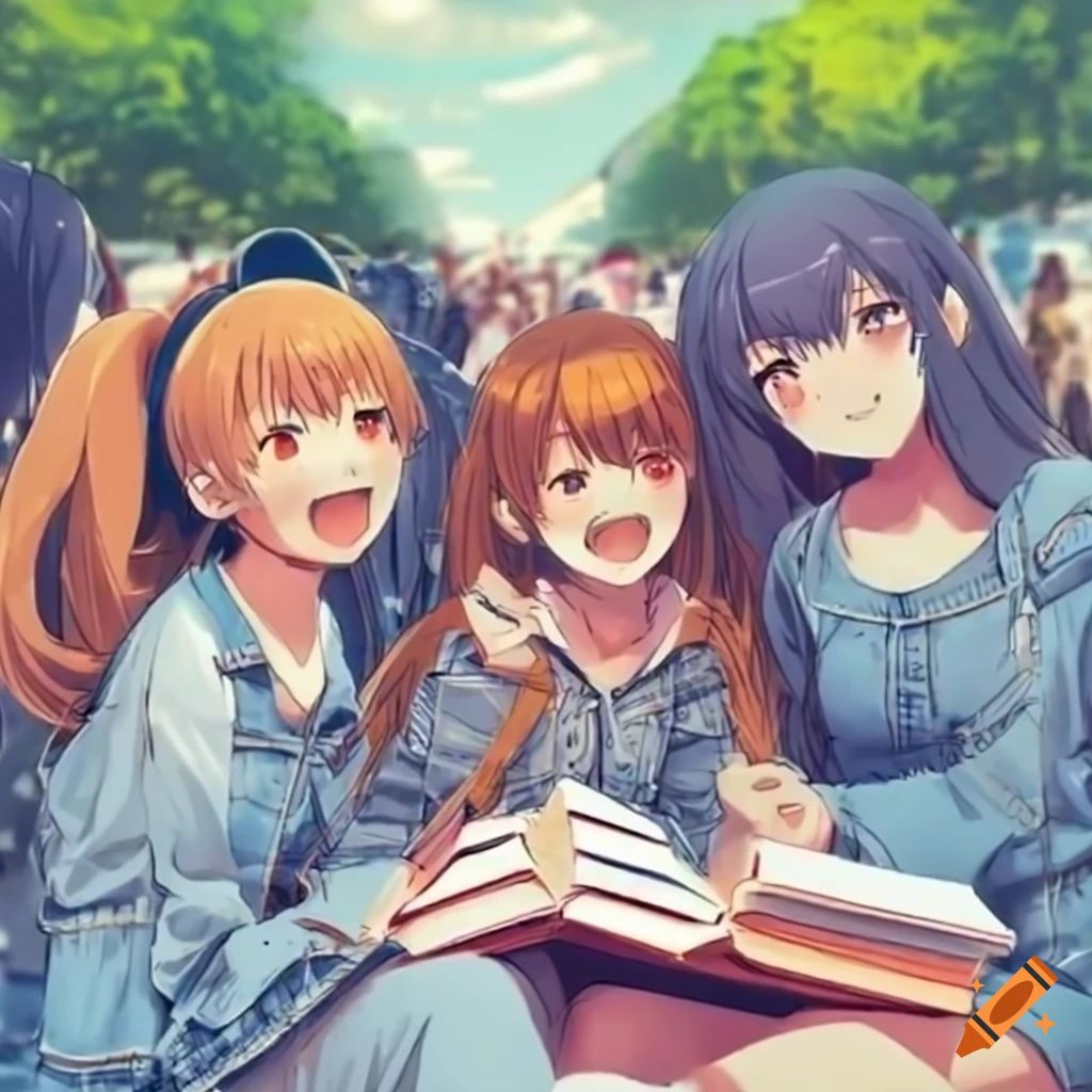 Cheerful anime girls studying science books at an outdoor book market ...