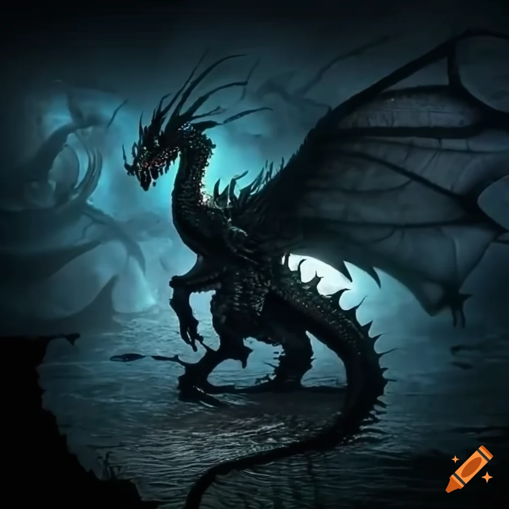 Massive black dragon in Challenger Deep with emanating lights from ...