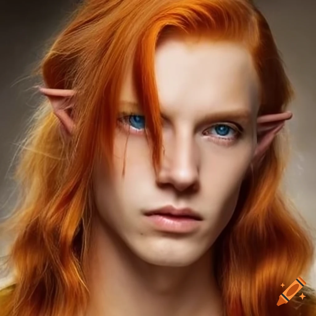 Male elf with orange long wavy hair and golden amber eyes on Craiyon
