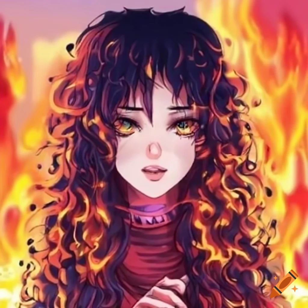 Anime girl with long curly black hair wielding fire power on Craiyon