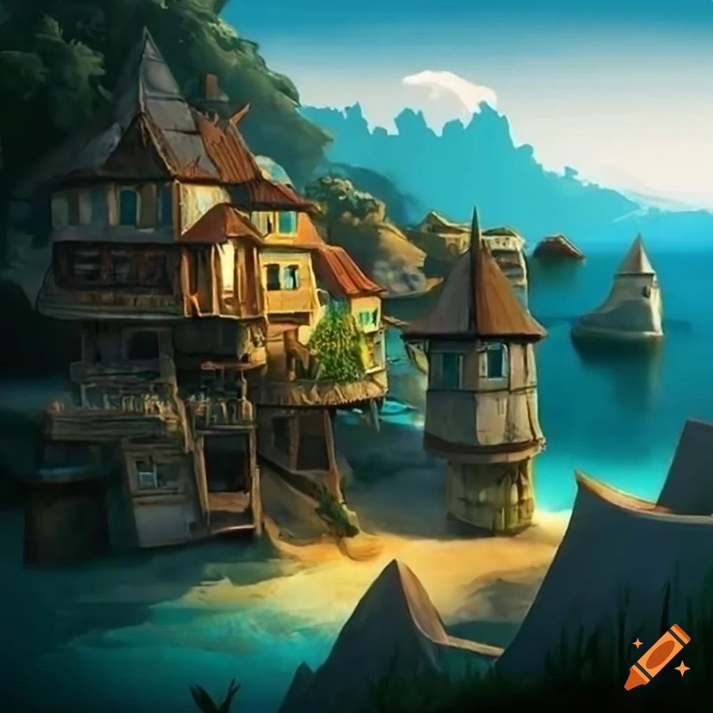 Small fantasy fishing village with wide harbor on Craiyon