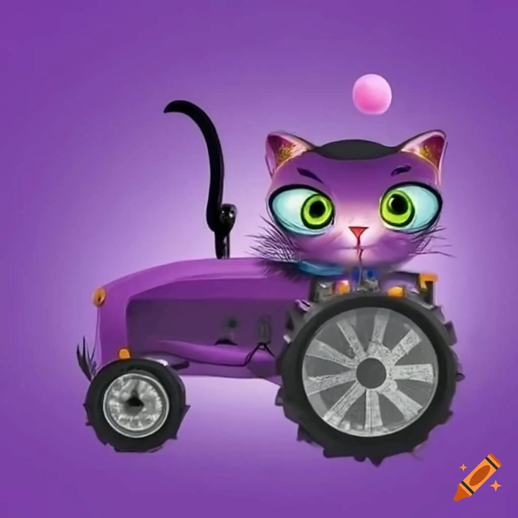 Purple cat driving a tractor on Craiyon