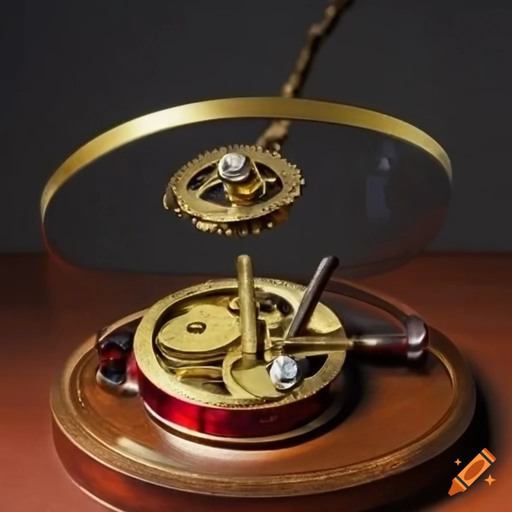 Intricate brass clockwork mechanism with a red gem under glass dome on ...