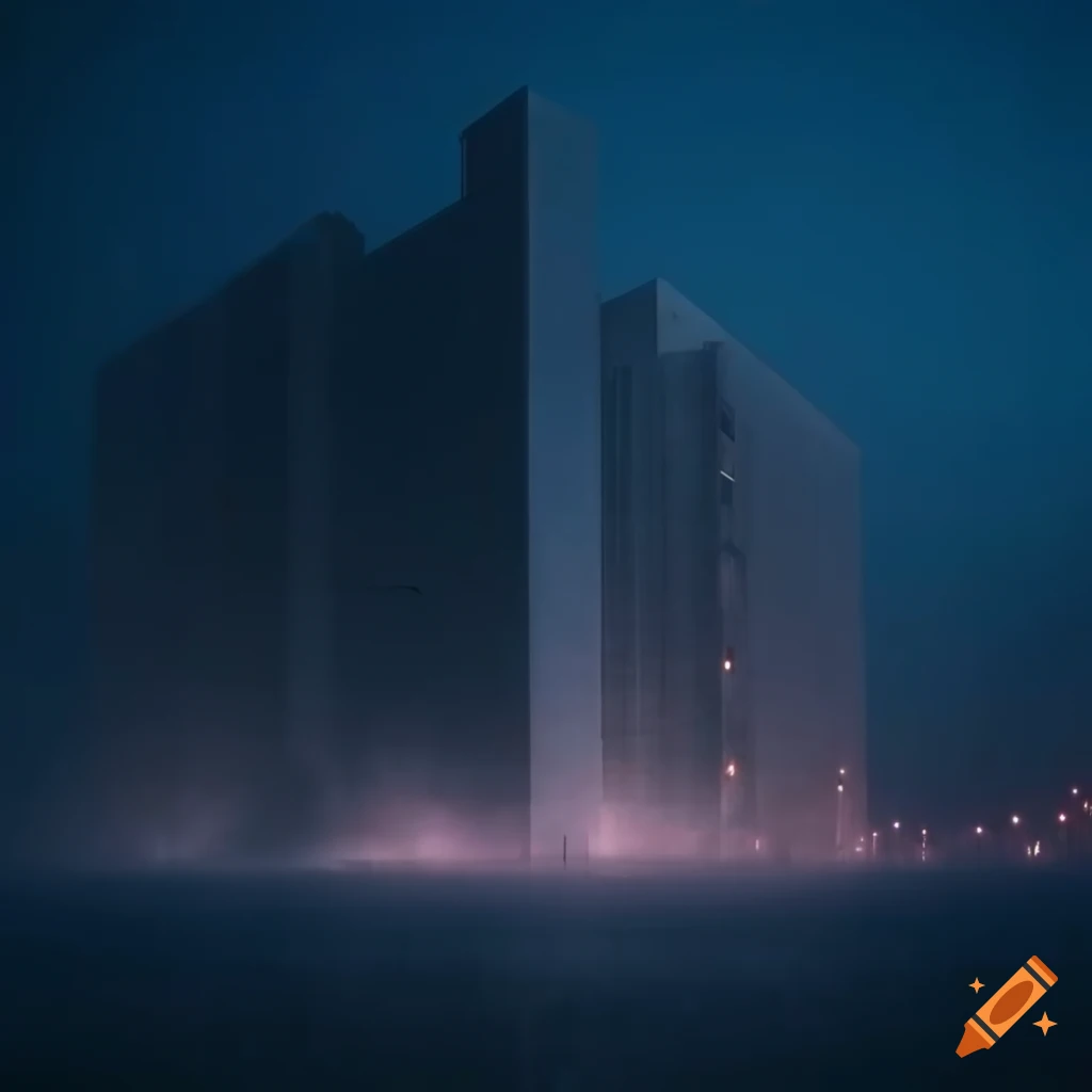 Big cement structure in the night fog surrounded by parking lots on Craiyon