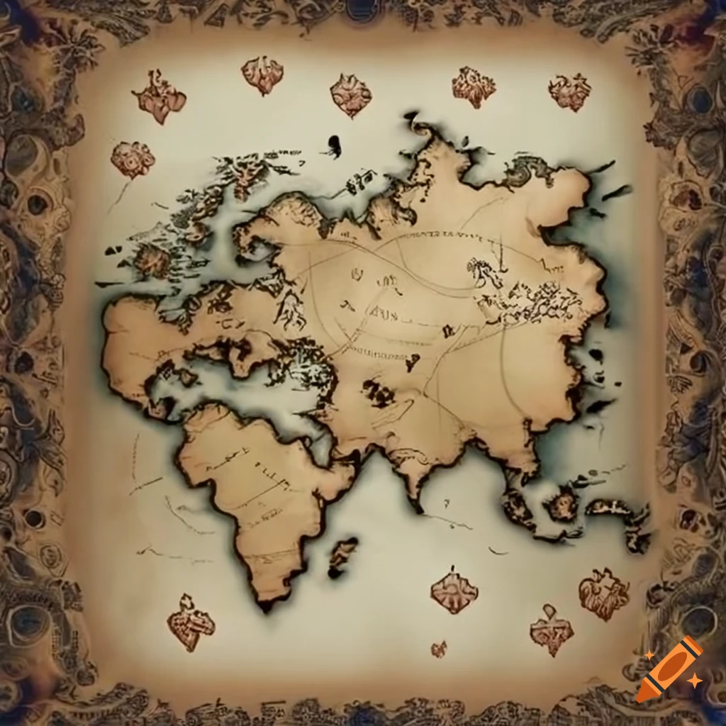 Ornate fantasy world map on parchment on Craiyon