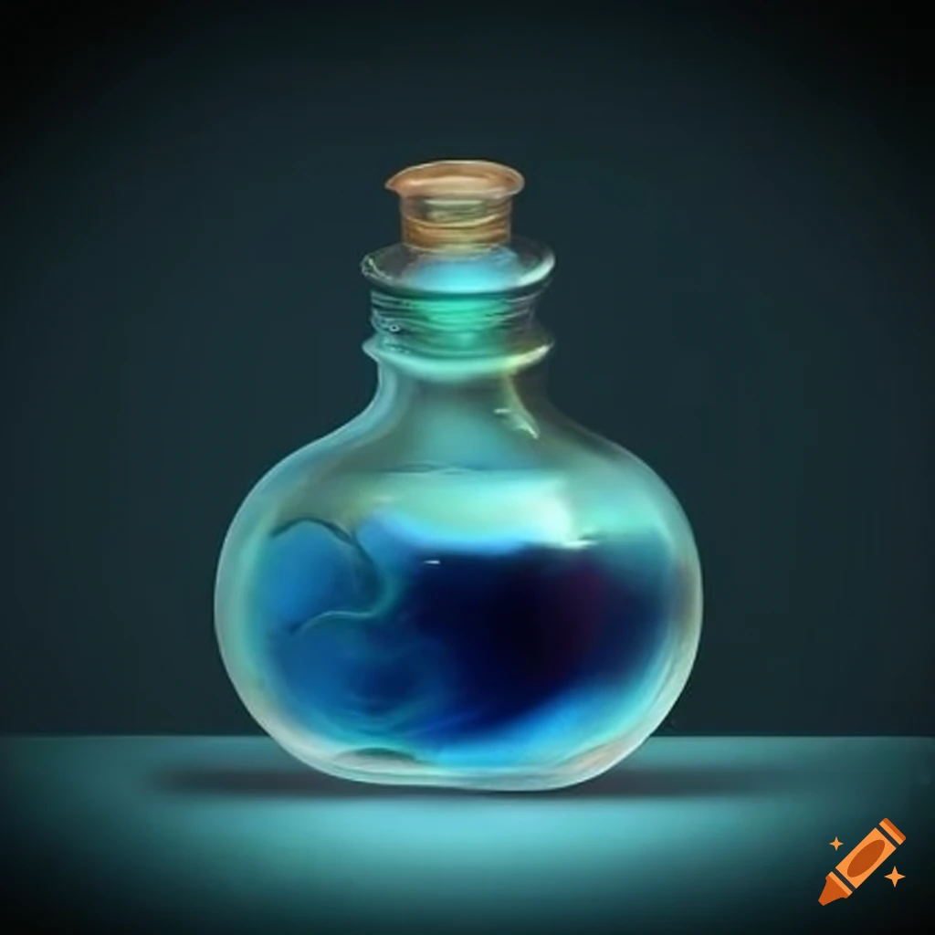 Enchanting potion with glowing fluid for flying ability on Craiyon