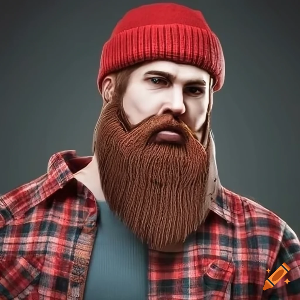 Strong lumberjack with red beanie, plaid shirt, and axe on Craiyon